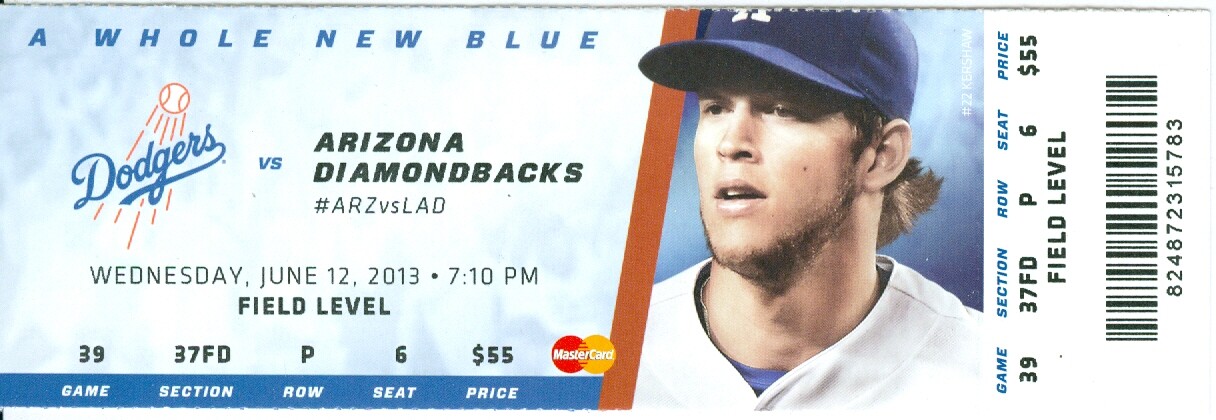 2013 Dodgers vs Diamondbacks Ticket: D-backs 4 runs in 12th/Ramon ...