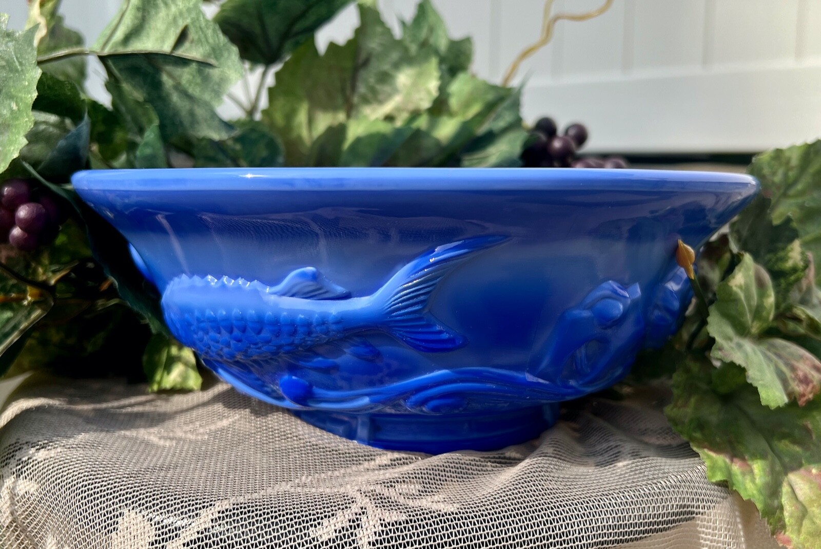 RARE Fenton**MARBLED PERIWINKLE BLUE ATLANTIS KOI FISH BOWL**1990's ...