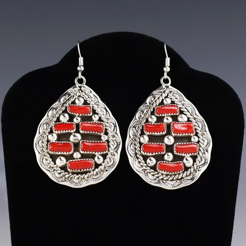 NATIVE AMERICAN NAVAJO STERLING SILVER & CORAL EARRINGS BY CHESTER ...