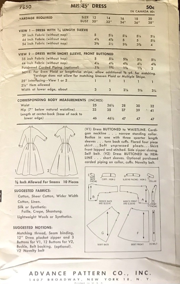 Vintage 1950s Advance Pattern #7850 Dress Button Front Cardigan ...