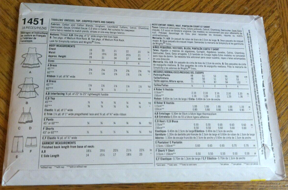 Simplicity Pattern 1451 Toddler Girl EASY Dress~Top~Cropped Pants ...