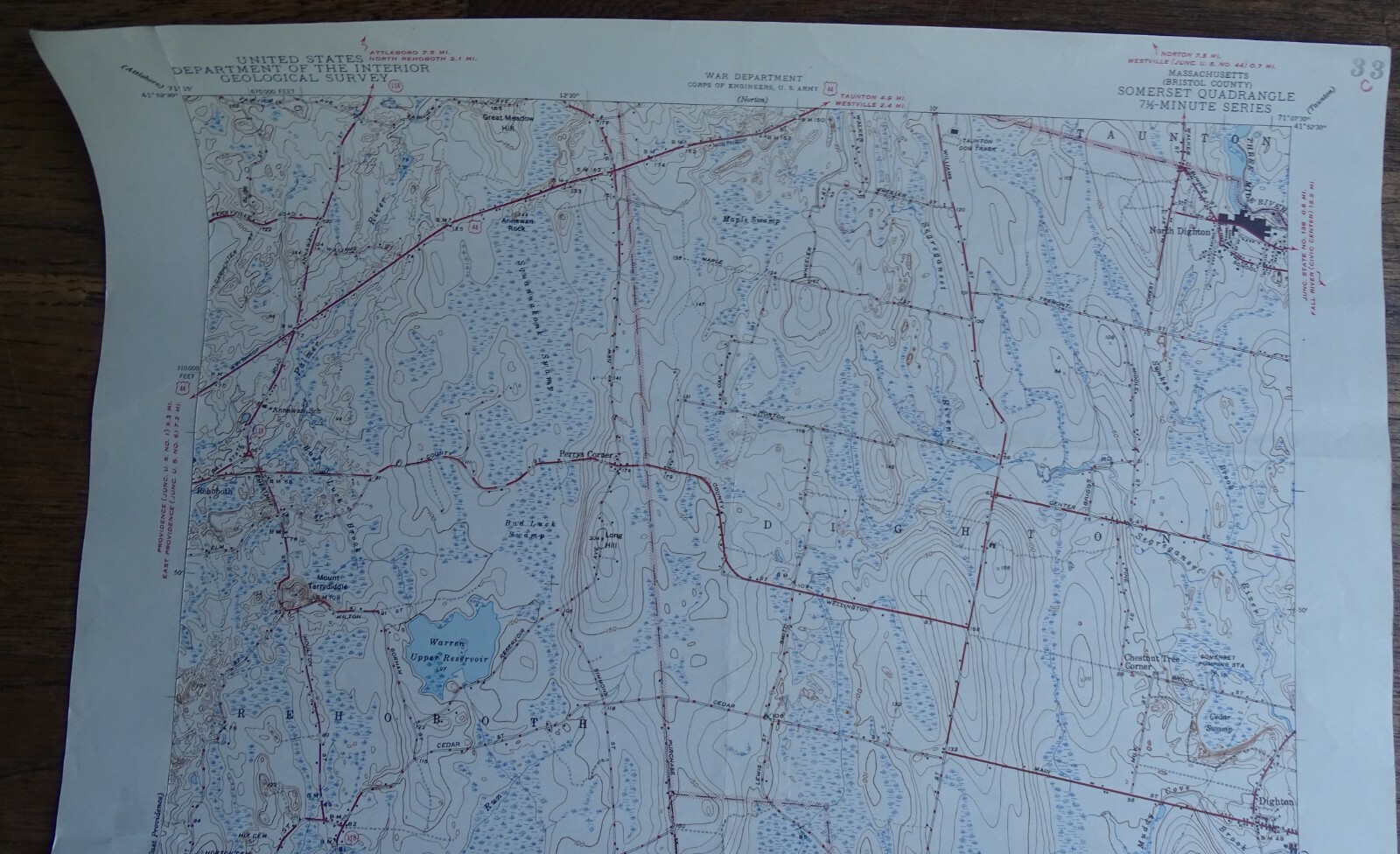 1943 Map SOMERSET MASS. QUAD Geological Survey 15x20" Dighton, Swansea ...