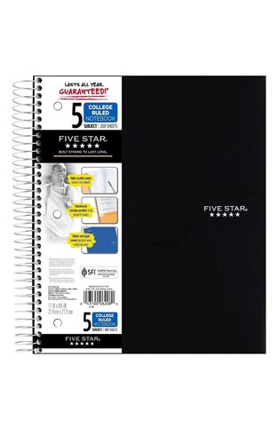 Five Star Wirebound Notebook, 5 Subject, 200 Sheets, College Ruled ...