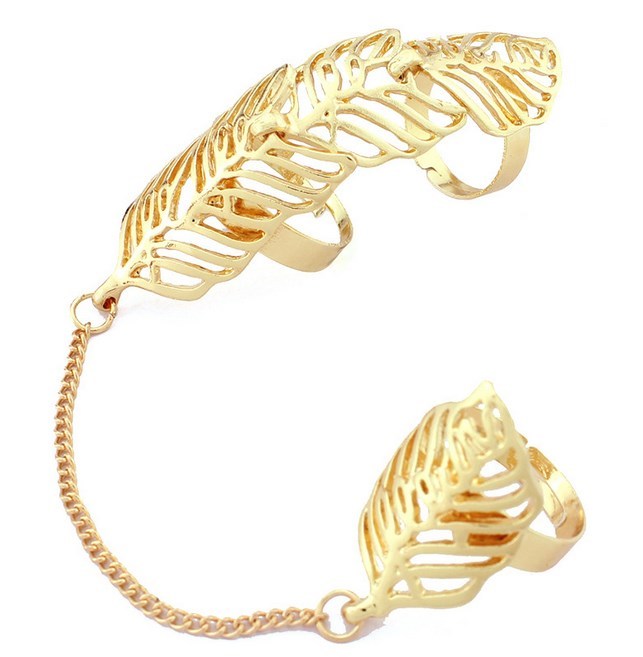 Gold Rhinestone Leaf Slave Chain Link Flexible Rings Joint Fingers Gift ...