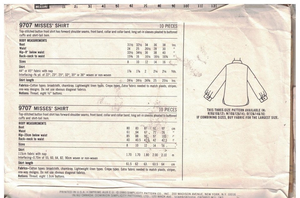 9707 UNCUT Vintage Simplicity Sewing Pattern Misses Top Stitched Blouse ...