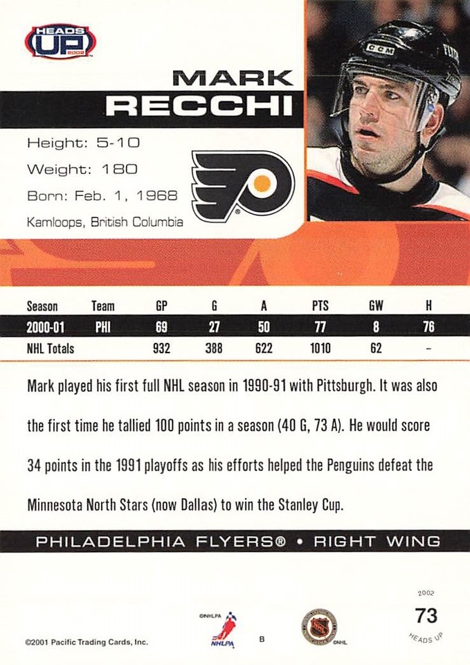 2001 Pacific Heads Up #73 Mark Recchi Philadelphia Flyers | eBay