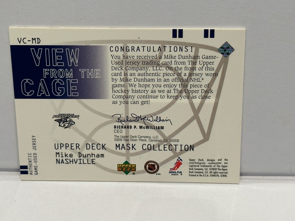 2001-02 UD MASK COLLECTION GOALIE JERSEY MIKE DUNHAM #VCMD | eBay