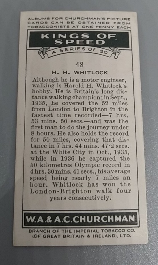 1939 Churchman's Kings of Speed Tobacco Harold H H Whitlock #48 | eBay