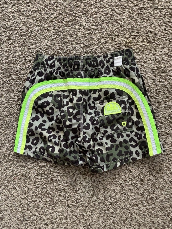 Sundek Camo/Leopard Print Mesh-Lined Neon Green Stripe Boys Size 8 Swim ...