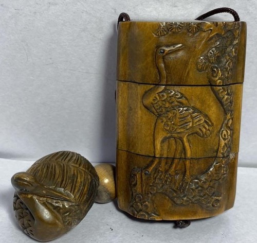 Inro Tsuge Crane Wood Boxwood Carving Traditional Japanese Used | eBay