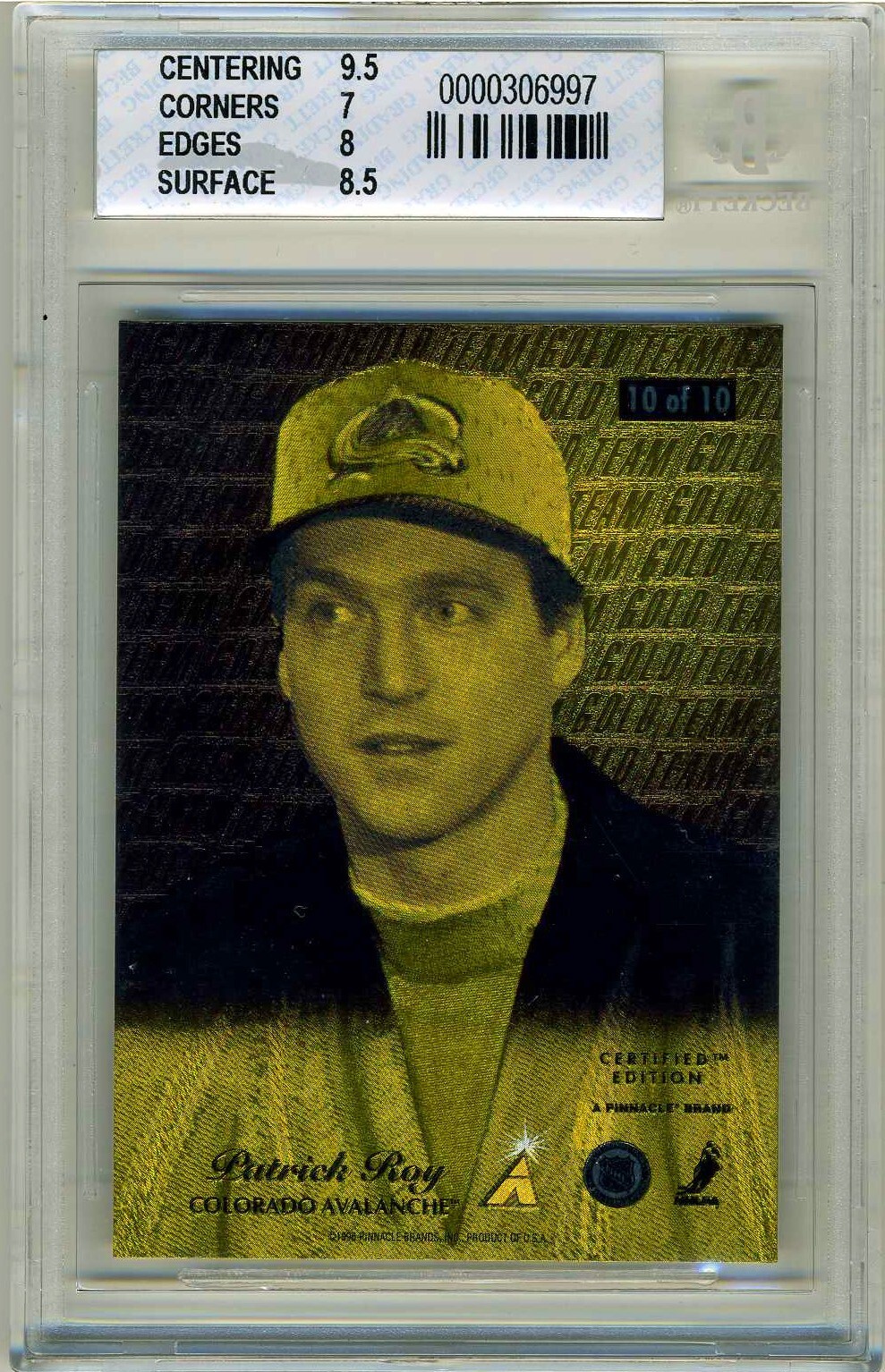 1995/96 Pinnacle Select Certified Patrick Roy Gold Team BGS 7.5 NEAR ...
