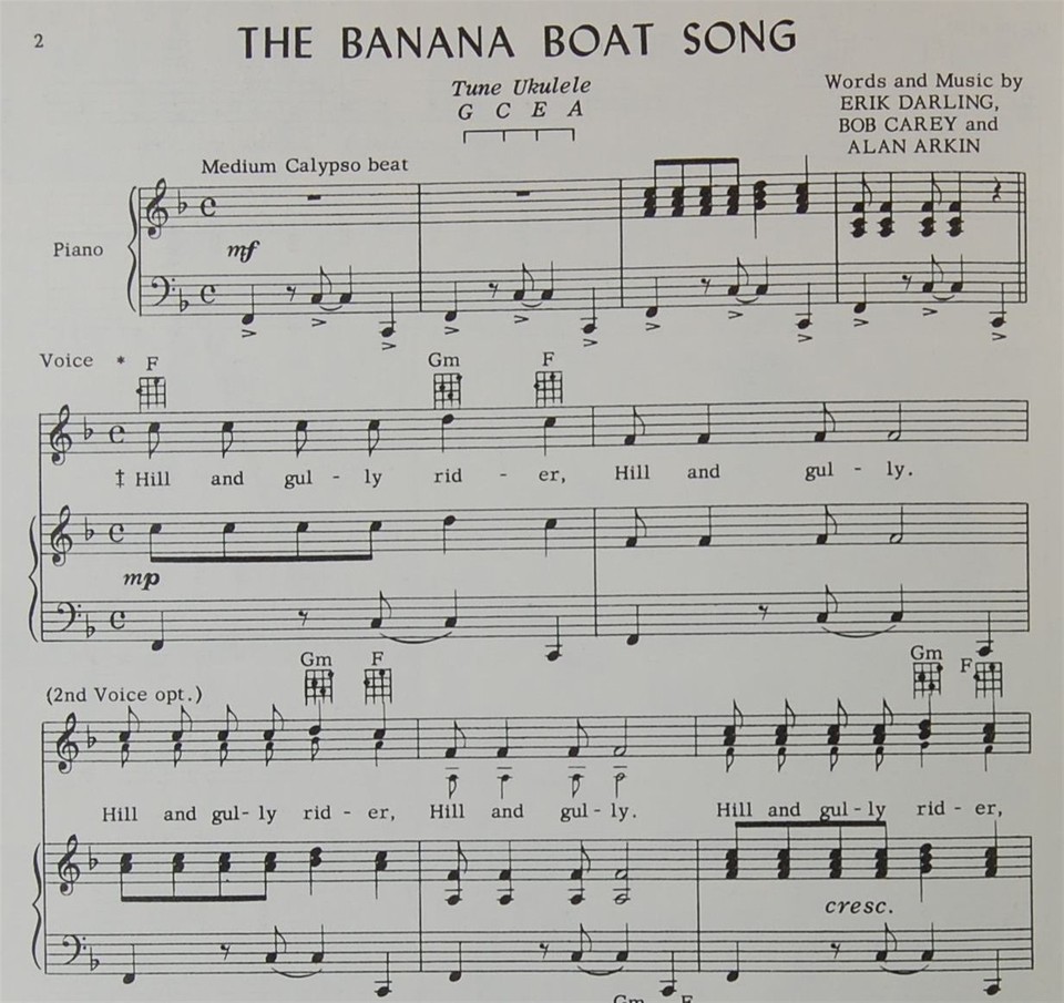 THE BANANA BOAT SONG Darling Carey Arkin THE TARRIERS Folk Sheet Music ...