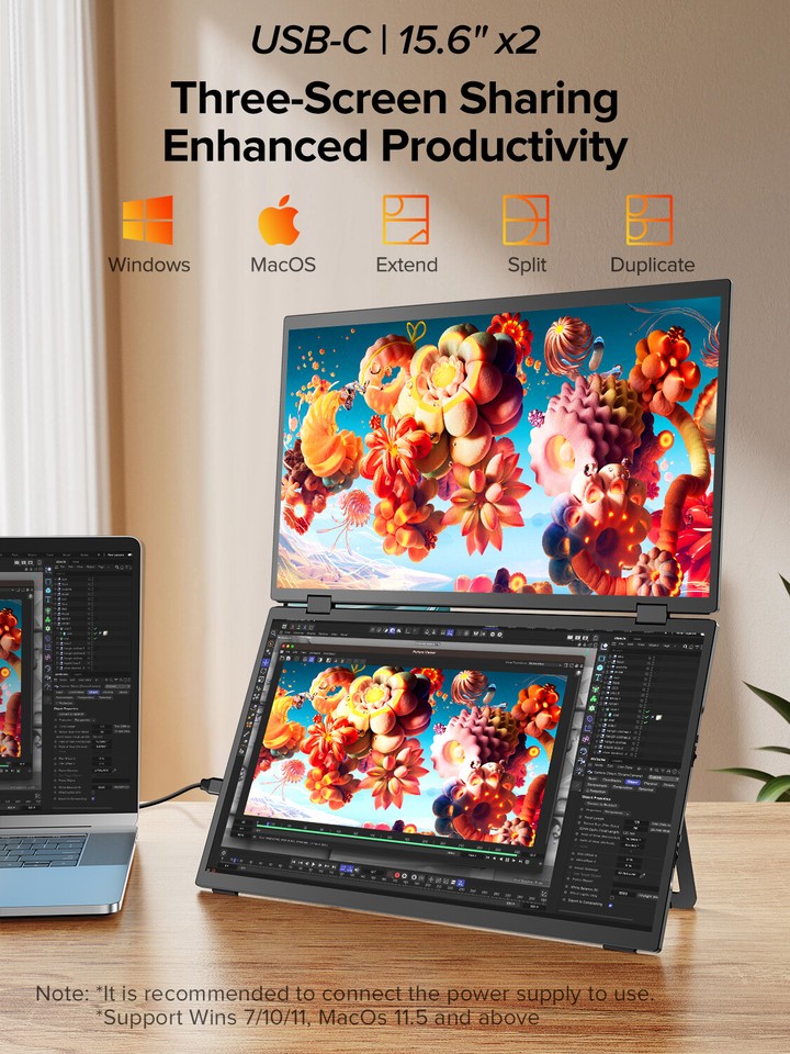 2024 Dual Stacked 15.6" Folding Monitor Triple Portable Display w ...
