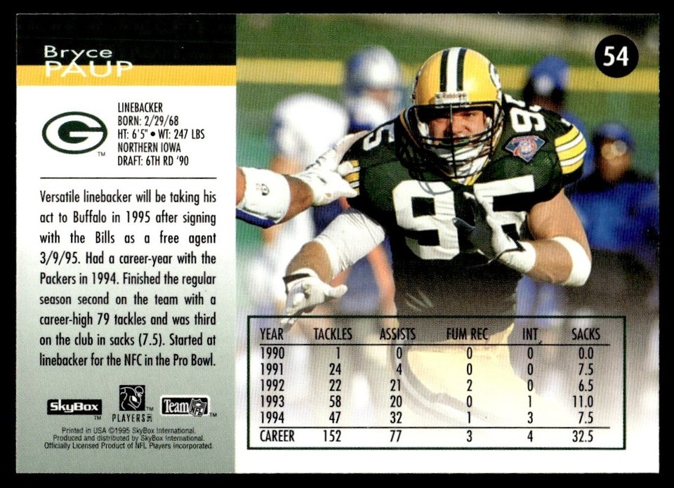 1995 SkyBox Impact Bryce Paup Green Bay Packers #54 | eBay