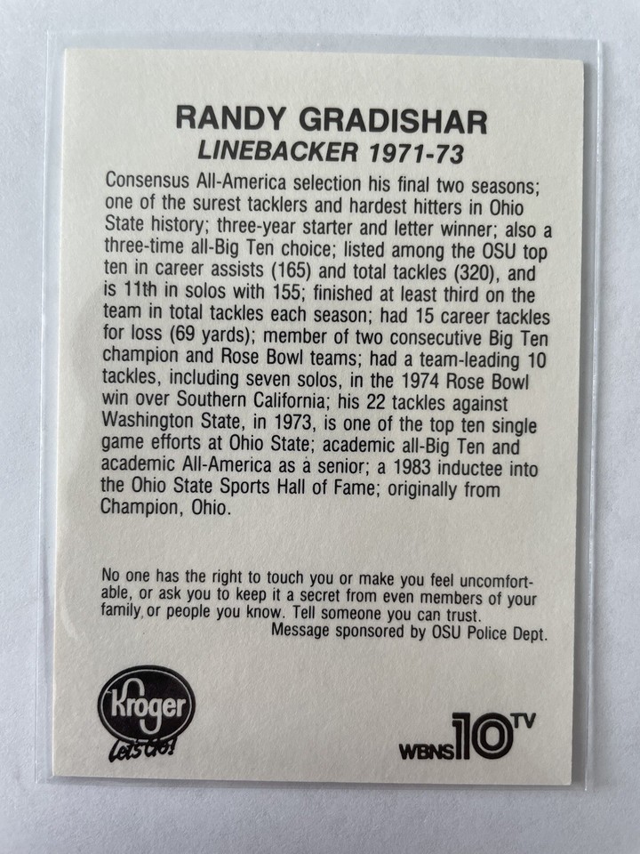 Randy Gradishar 1988 Ohio State Buckeyes College Football Card Kroger ...