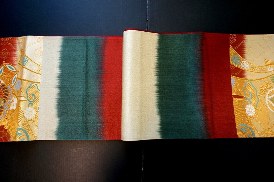 Japanese Kimono SILK Fukuro OBI, Gold thread/Foil,Birds, Ribbon, L14'2 ...