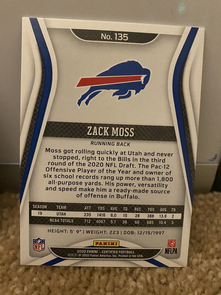2020 Certified Zack Moss Rookie Card #’d /399 Football Card | eBay