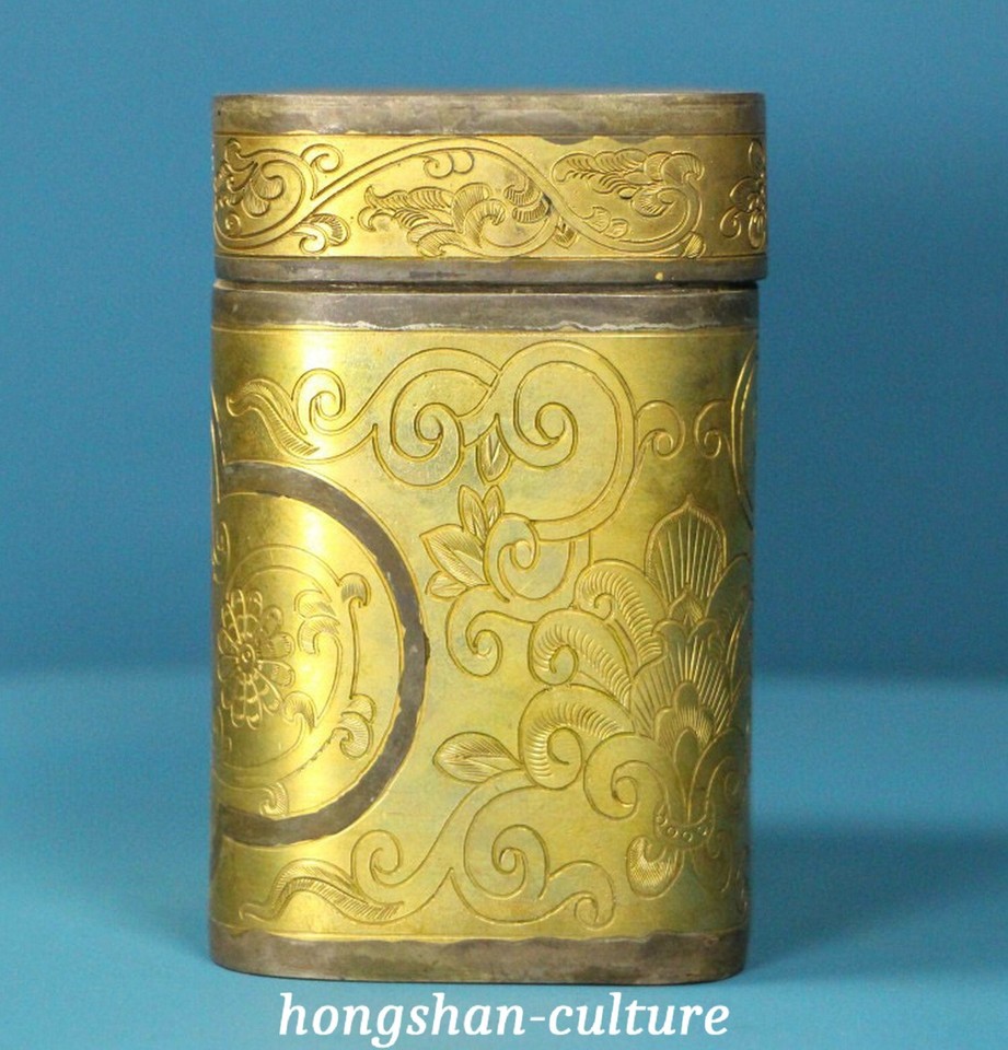 4.1'' Old Chinese Purple Bronze Gold Phoenix Phenix Flower Word Tea Box ...