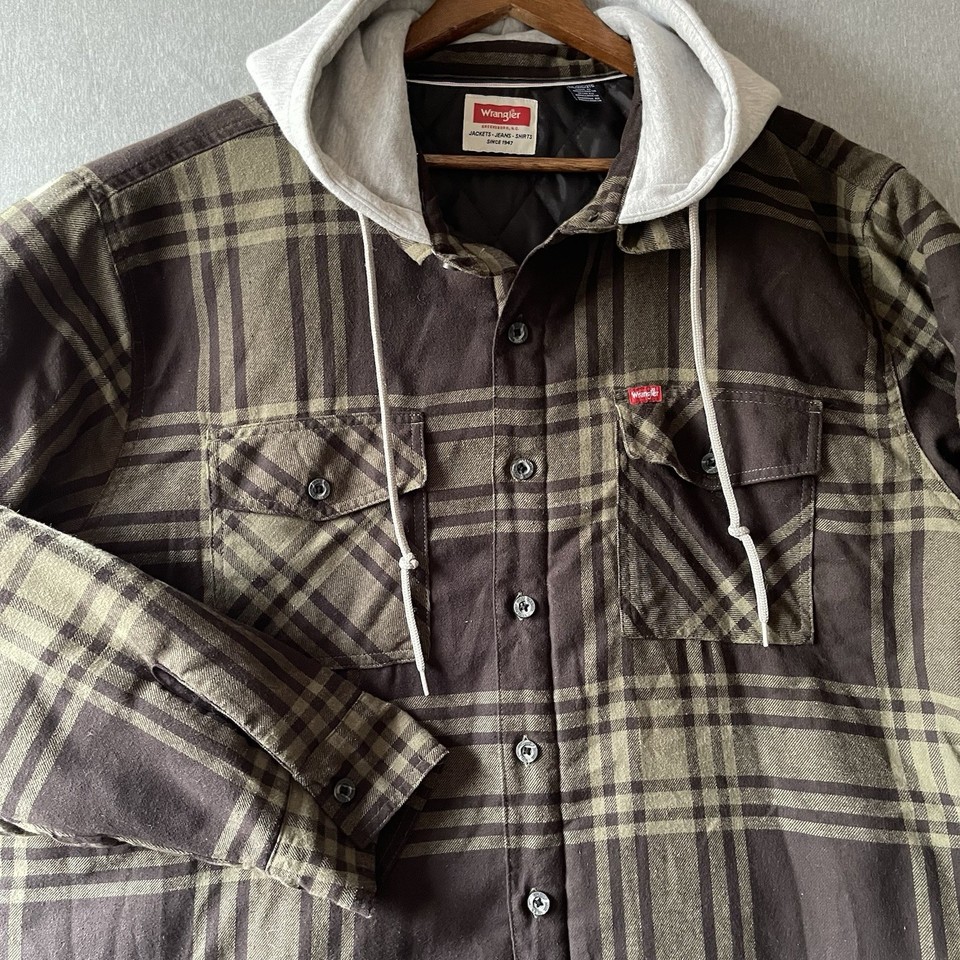 Wrangler Quilt Lined Hooded Plaid Flannel Shacket Jacket Button Front ...
