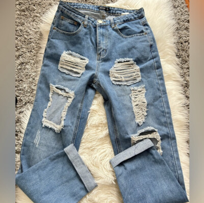 Nasty Gal Women's Straight Cut Torn Ripped Denim Mom Jeans Ankle ...