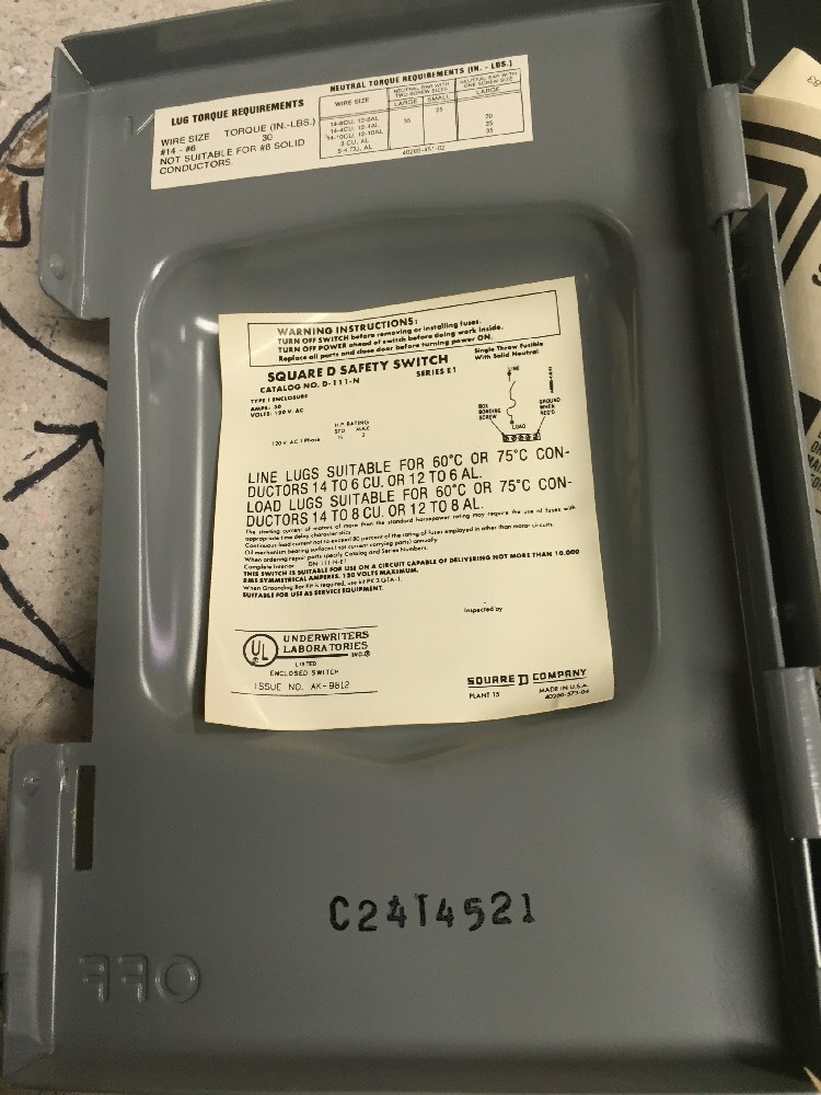 Square D - D111N 30amp 120V AC 120VAC Fusible safety switch disconnect ...