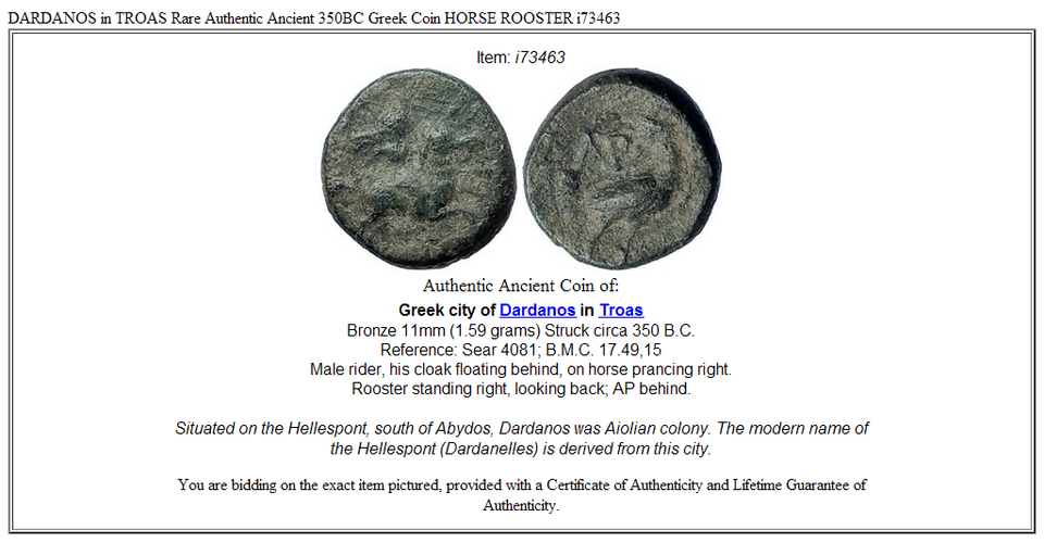DARDANOS in TROAS Rare Authentic Ancient 350BC Greek Coin HORSE ROOSTER ...