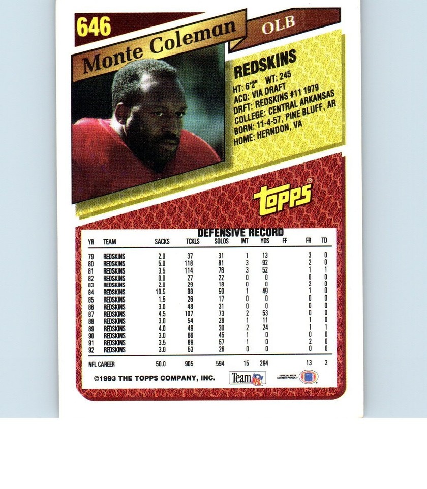 Monte Coleman 646 Redskins 1993 Topps NFL Football Trading Card | eBay