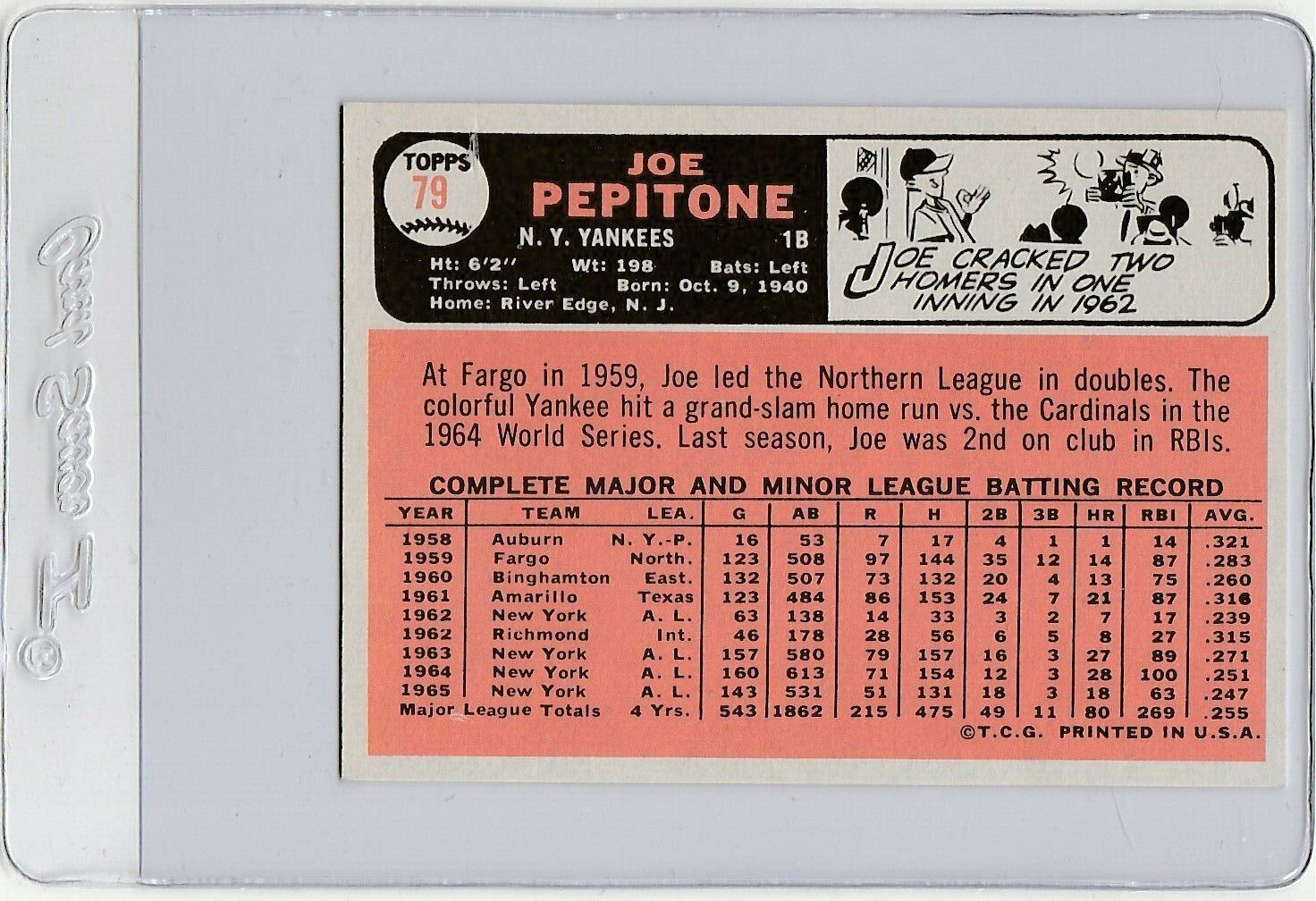 1966 TOPPS #79 JOE PEPITONE NEW YORK YANKEES FIRST BASEMAN WOW 5TH YEAR ...
