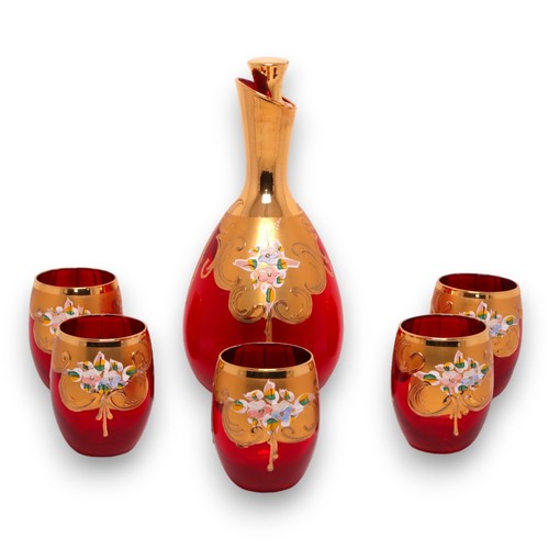 Murano 6pc Tre Fouchi Ruby Red Glass Gilted Painted 9 1/2" Decanter ...