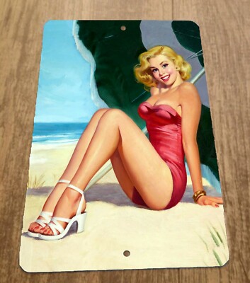 Beach Blonde Pinup Girl Artwork 8x12 Metal Wall Vintage Misc Poster Sign | eBay