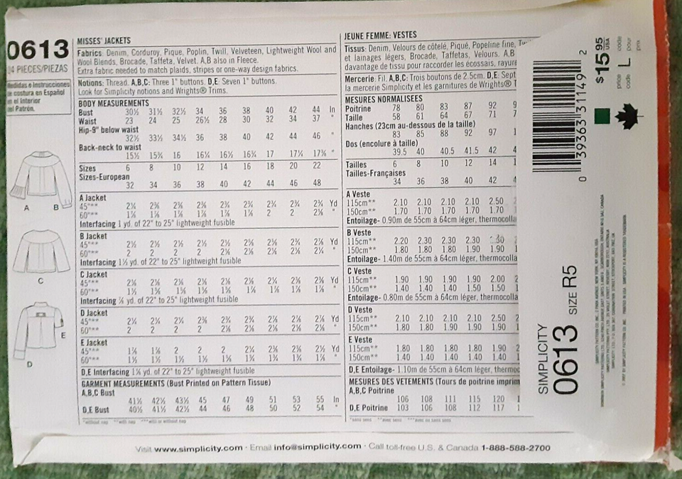 Simplicity Fall Fashion Trends Sewing Pattern 613 Misses' Jackets ...