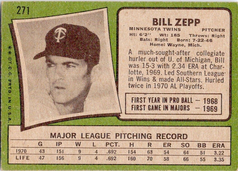 Bill Zepp 1971 Topps #271 EX | eBay