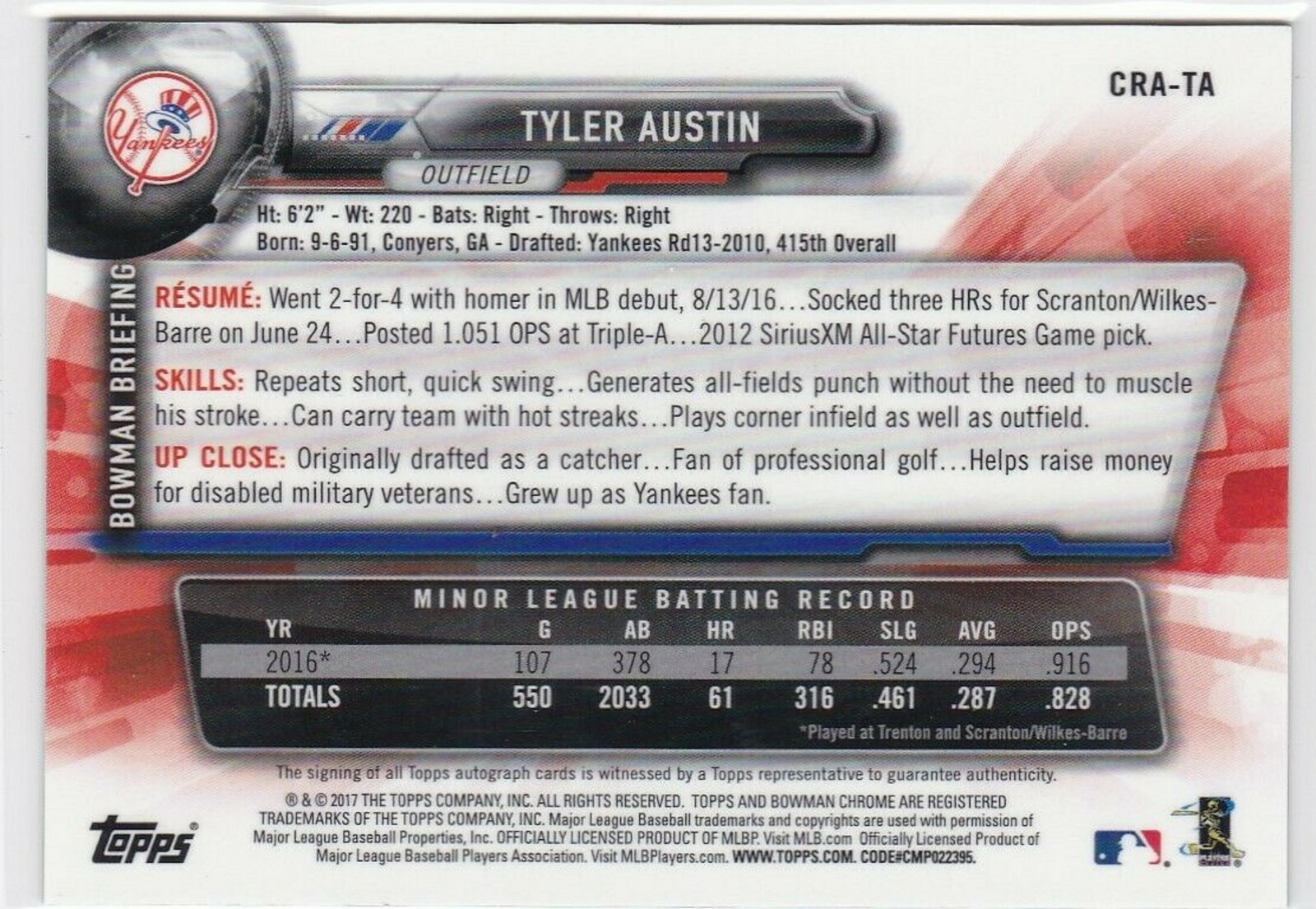 TYLER AUSTIN RC 2017 BOWMAN CHROME ROOKIE AUTO CARD!NY YANKEES 3RD RC ...