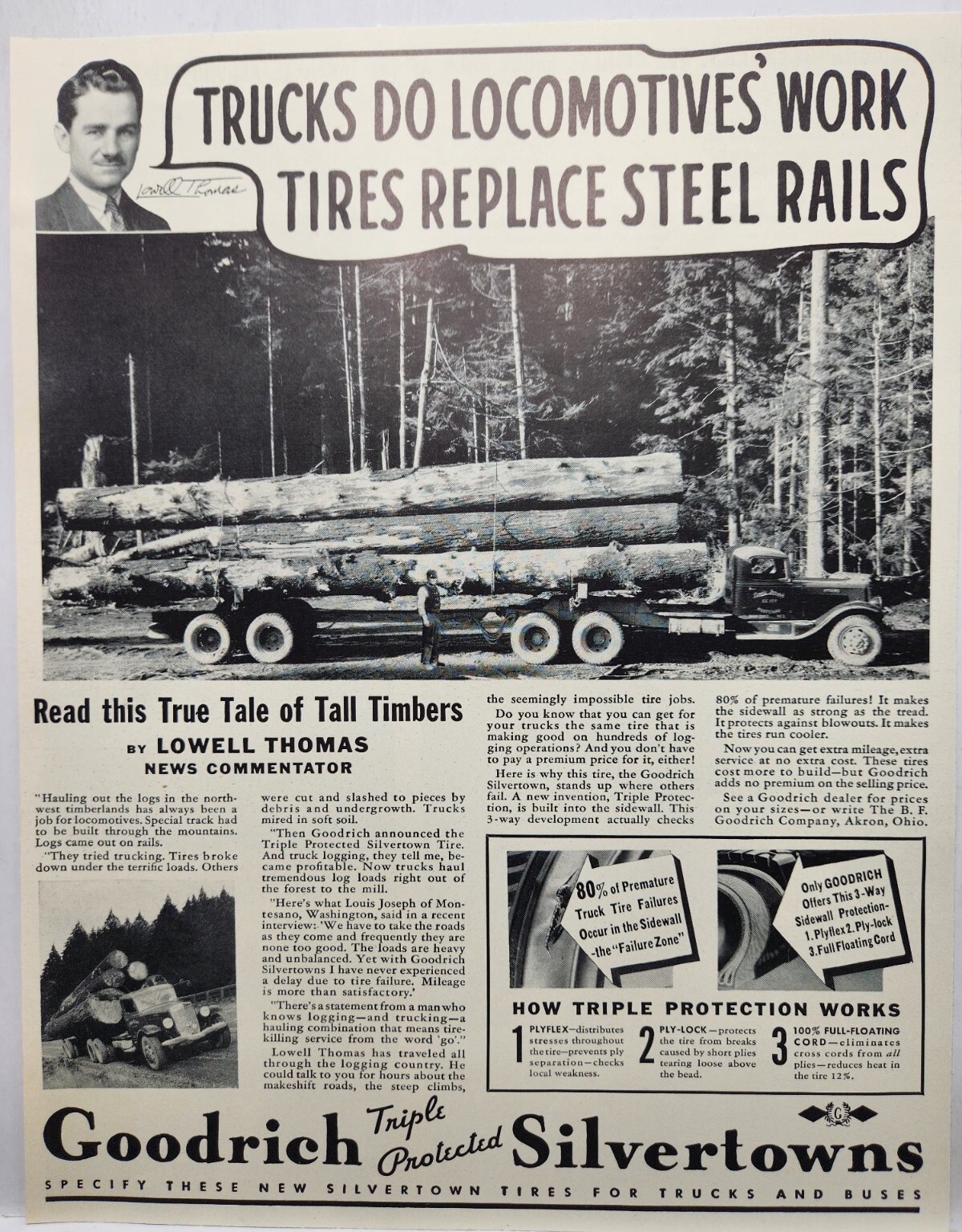 1937 BF Goodrich Tires Logging Trucks Lowell Thomas Print Ad Man Cave ...