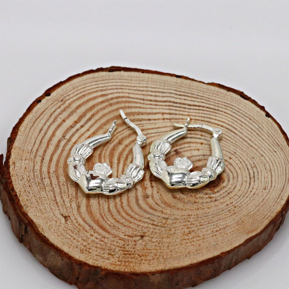 Sterling Silver Heart and Crown Hoop Earrings, English Lock Closure ...