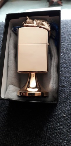 ZIPPO 1983 BARCROFT HANDILITE GOLD PLATED CAT HEAD TABLE LIGHTER VERY ...