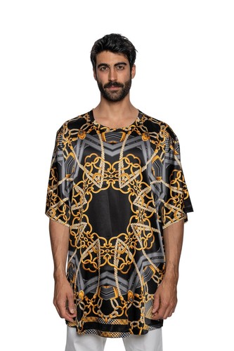 FABIO CAVIGLIA T-Shirt "TUNIC" Black Chains 100% Silk COMO STRETCH Sz ...