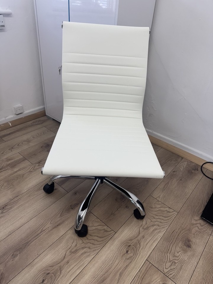 White Chrome Desk Office operators Chair with Wheels PU Leather no arms ...