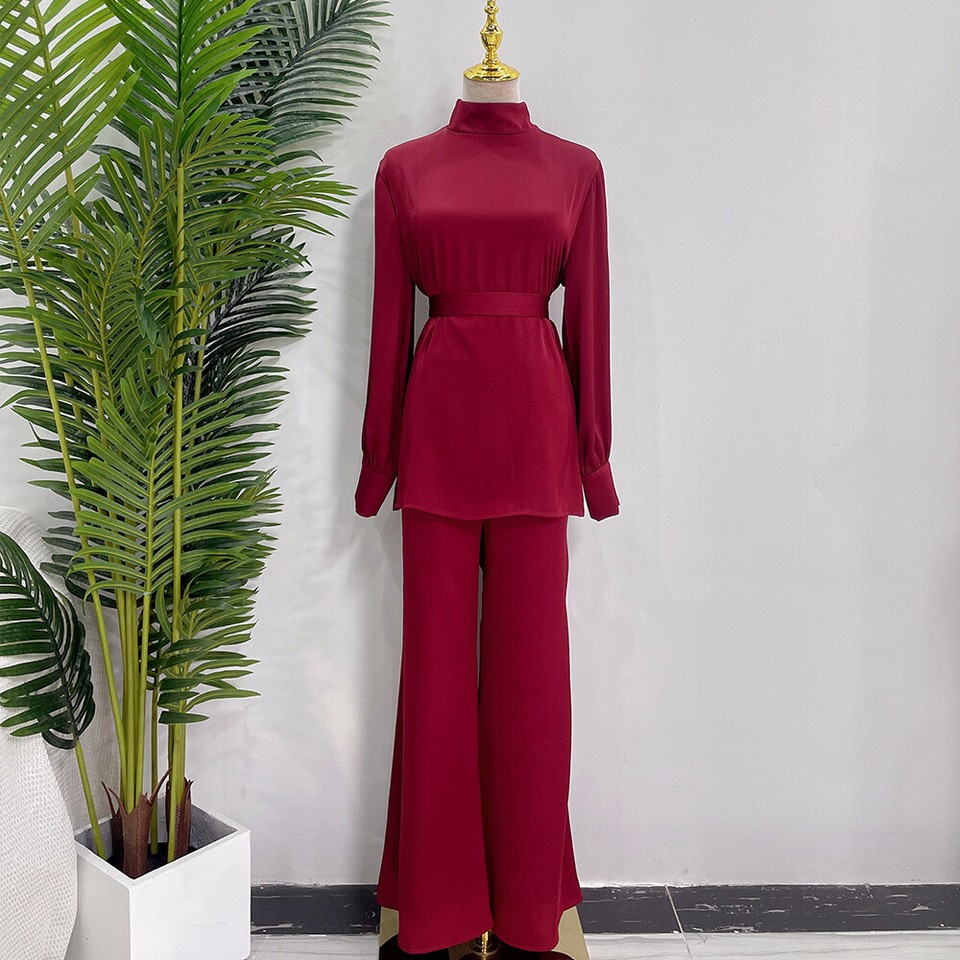 2 Piece Satin Sets Abaya Muslim Women Tops Wide Leg Pants Islamic ...