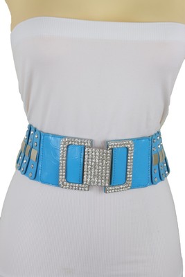 Women Wide Blue Elastic Strap Belt Silver Metal Square Buckle Fancy ...