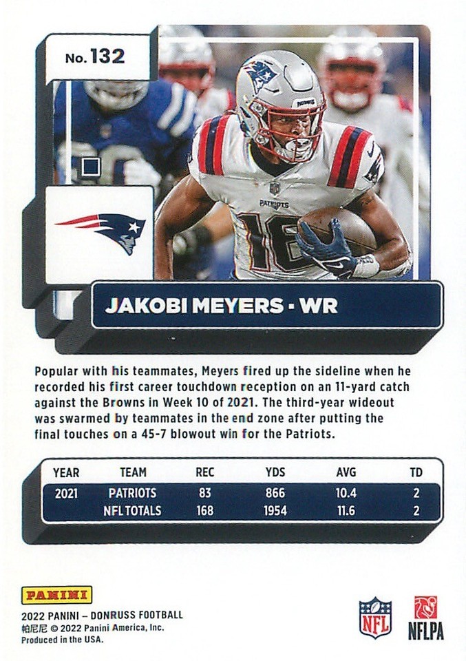 Jakobi Meyers 2022 Donruss Football NFL Base Card #132 New England ...