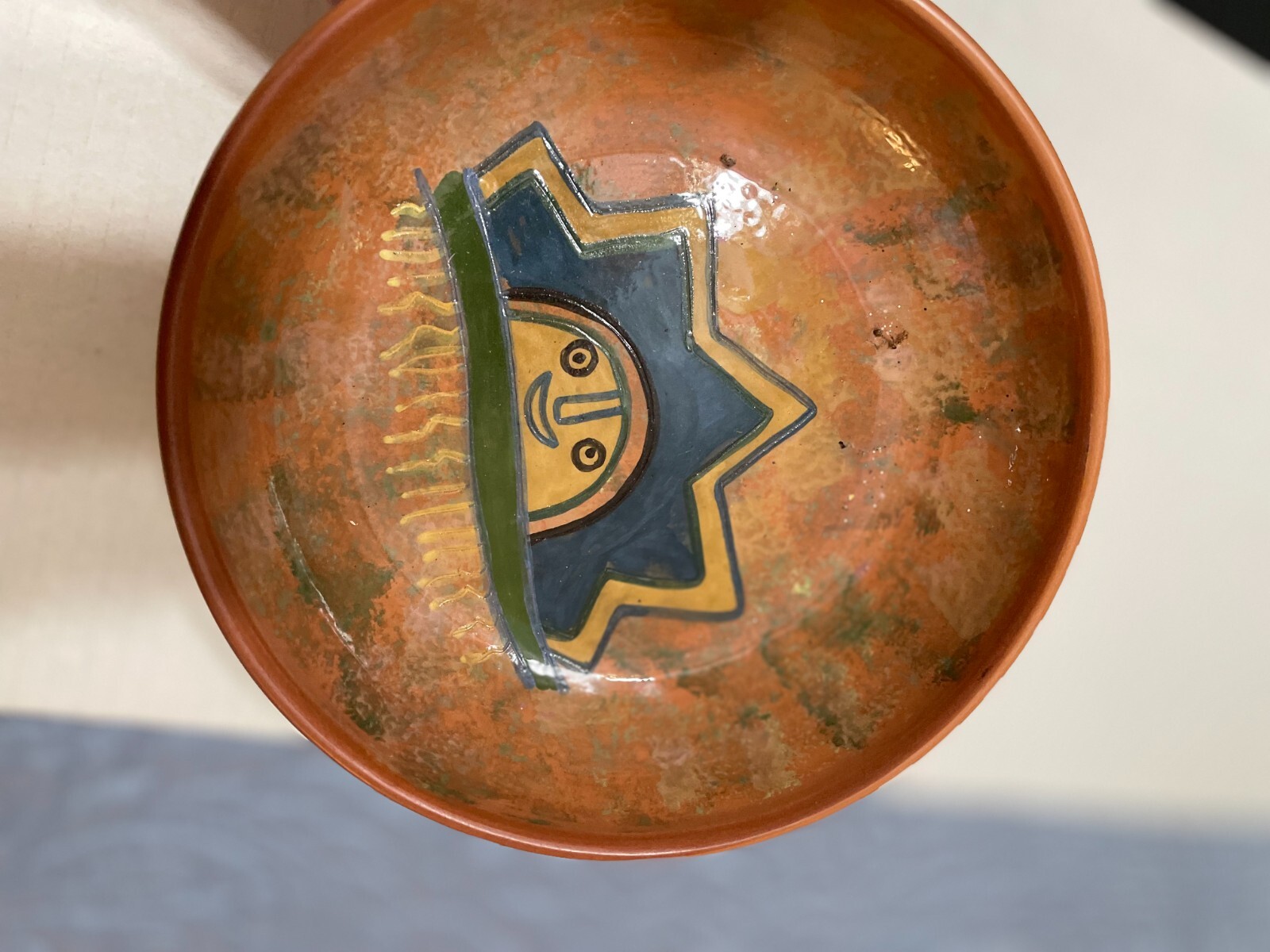 Seminario Pottery Made Peru 8" Wide x 2" Bowl Sun Happy Face Incised ...