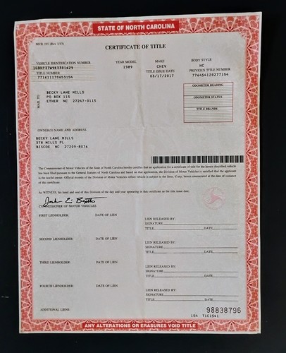 1989 Chevy Motorhome RV NC Title Collectible Historical Document | eBay