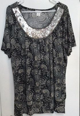 Siren Lily Plus Women's size 2X Black & Gray Paisley Stretch Top sequin ...