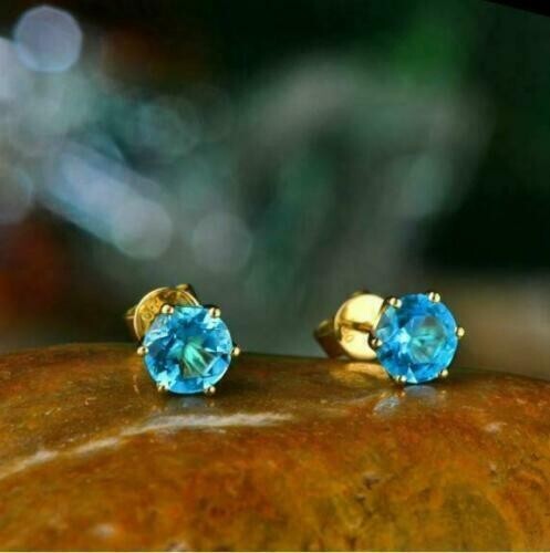 2Ct Round Cut Simulated Blue Topaz Stud Solitaire Earring 14k Yellow ...