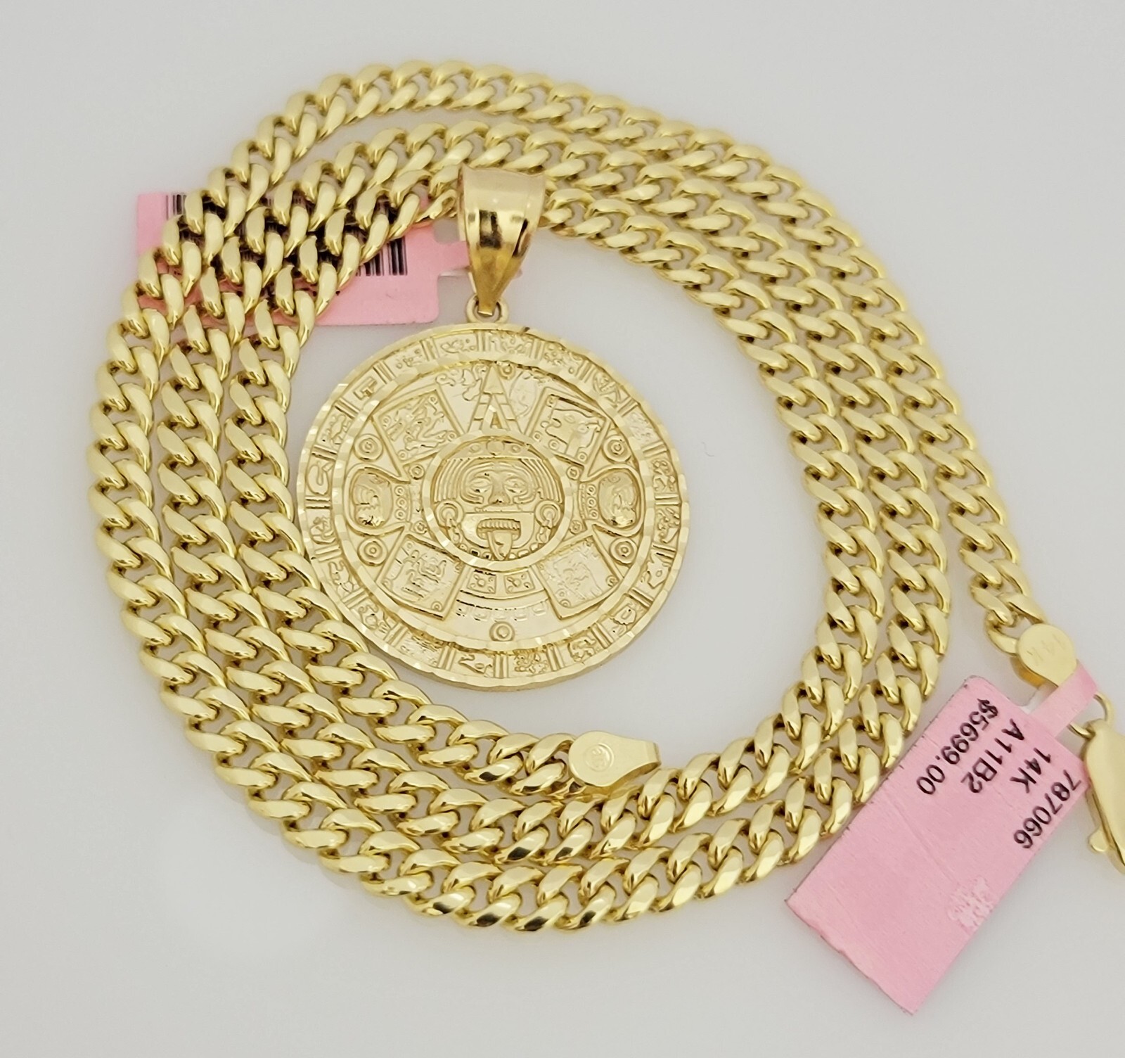 Real 14k Gold Miami Cuban Link Chain Mayan Charm Pendant SET 5mm ...