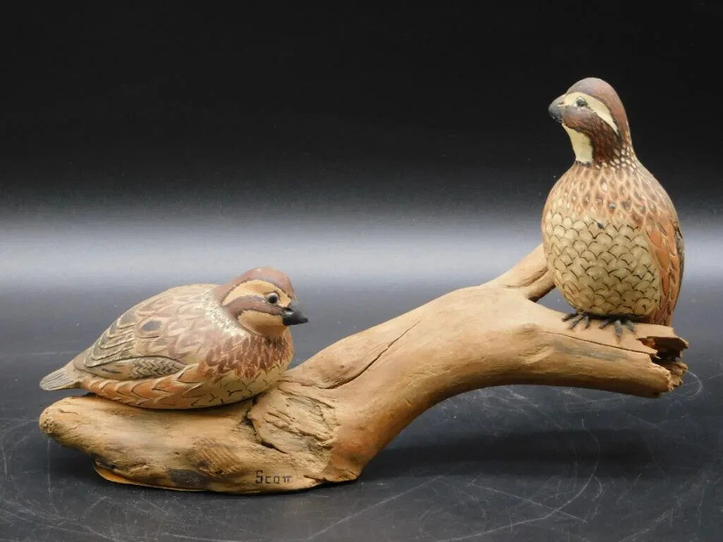 Beautiful Hand-Carved Pair of mated QUAIL Bird Art Decoys signed SCOTT ...