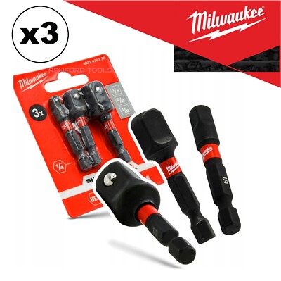 Milwaukee Socket Adapter Set x3 Shockwave 1/4" 3/8" 1/2" SQ Square ...