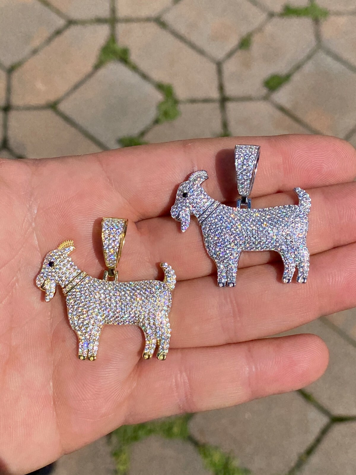 Real Solid 925 Sterling Silver GOAT Pendant Bling Necklace Iced Gold ...