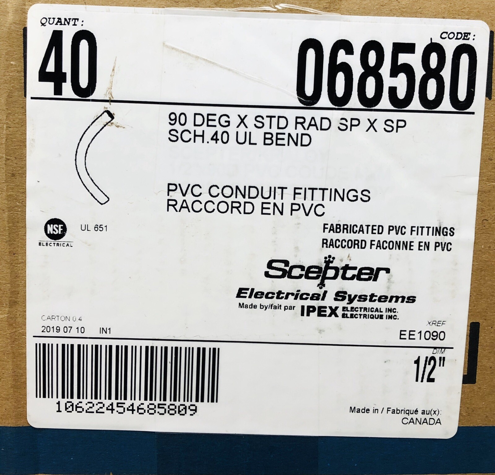 BOX OF 40 IPEX/SCEPTER 068580 - 1/2" 90º PVC CONDUIT FITTING RACCORD EN ...